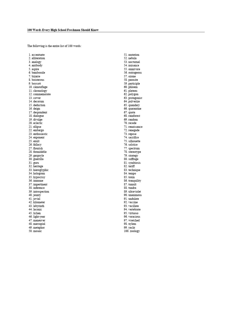 100 Words Every High School Freshman Should Know | PDF