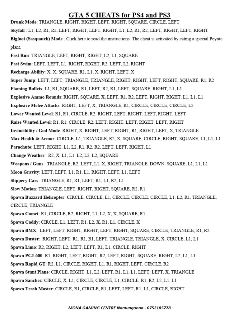 GTA 5 CHEATS For PS4 and PS3 | PDF