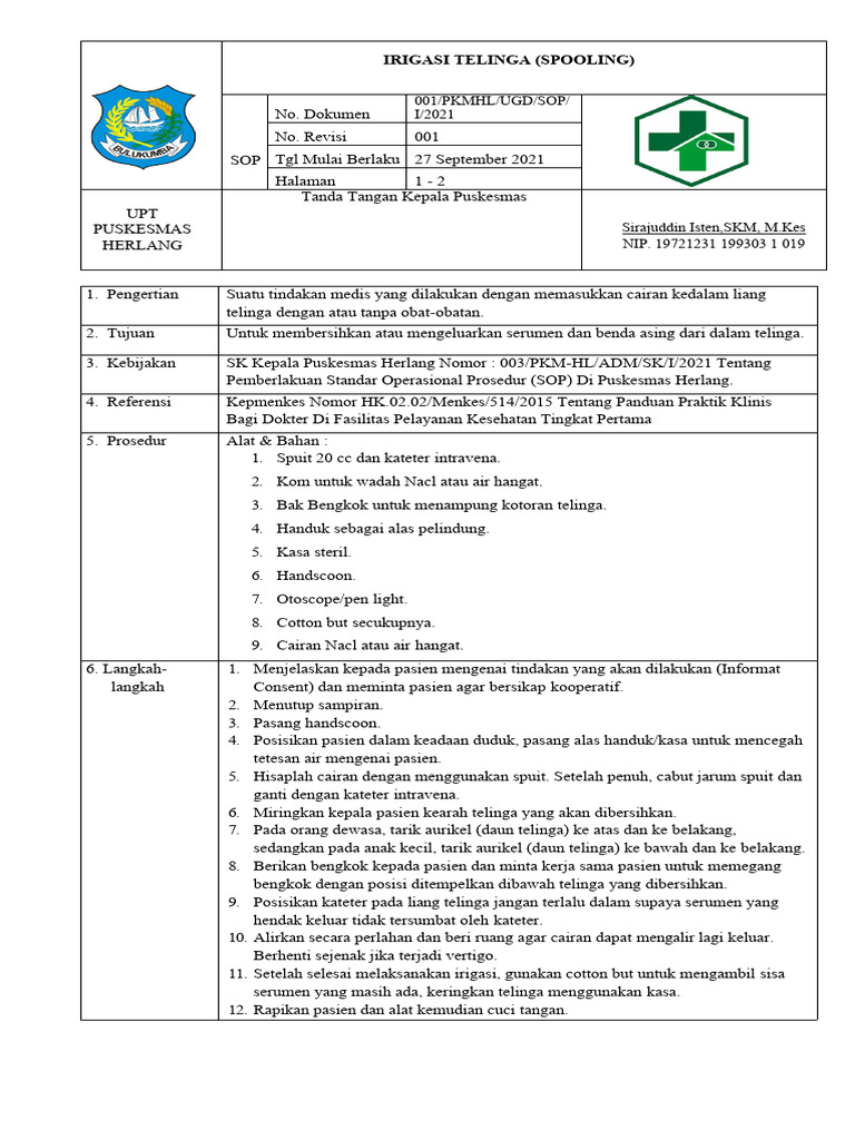 SOP Irigasi Telinga Puskesmas | PDF