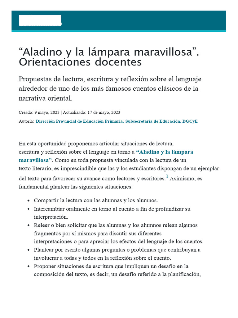 Aladino y La Lampara Maravillosa Orientaciones Docentes Continuemos ...