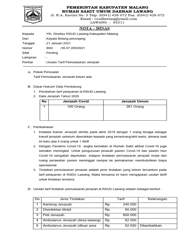 Nota Dinas Usulan Tarif Jenazah 2021 | PDF