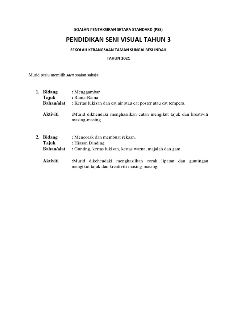 Soalan Pentaksiran Setara Standard PSV Tahun 3 | PDF