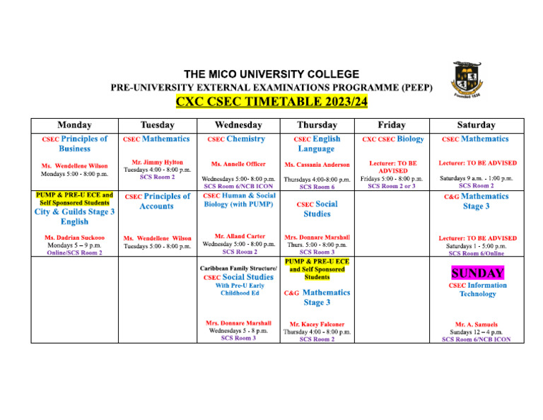 School of Continuing Studies SCS CXC CSEC Time Table 2023 - 24 (Semester 1 - Without Zoom Codes ...