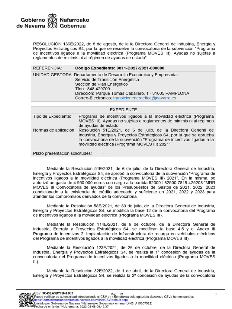 Resolución 136E-2022 CSV 5 Concesión BDNS 574654 | PDF