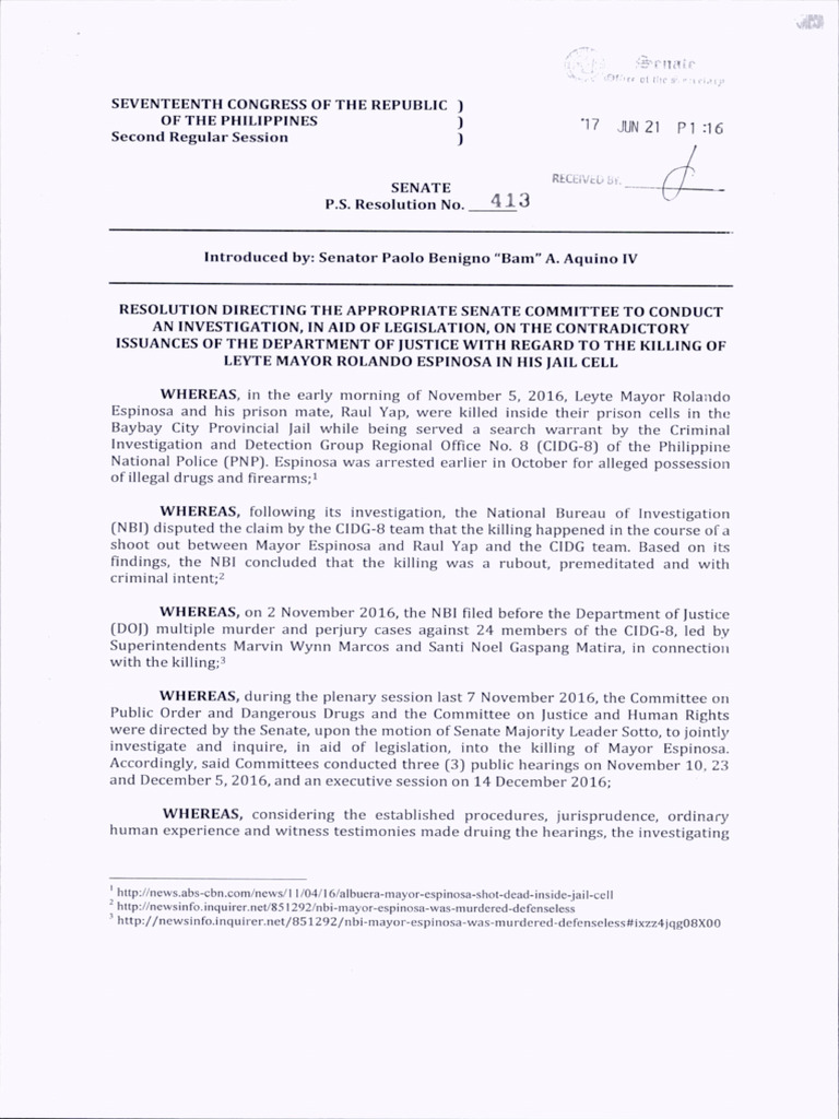 Senate Resolution - Probe On Marvin Marcos Drug Money | PDF | Law