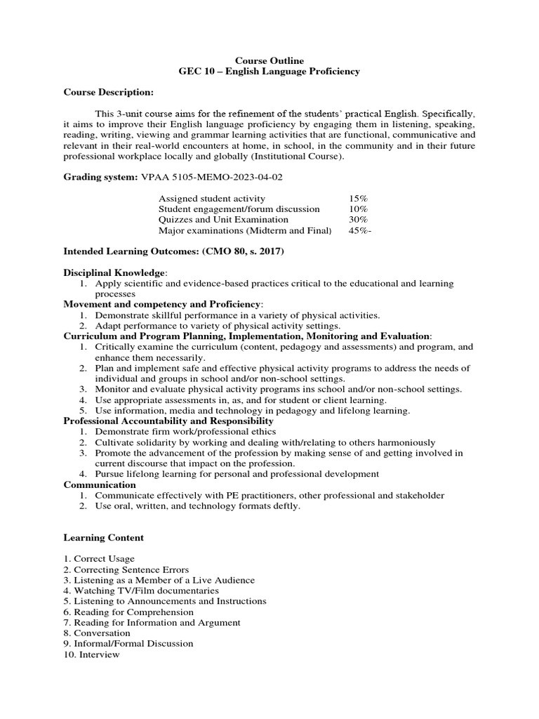 Course Outline - GEC 10 (English Language Proficiency) | Download Free ...
