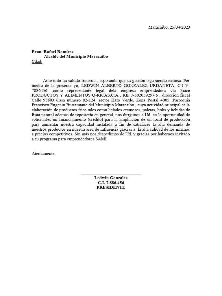 Carta A Alcalde Rafael Ramirez para Soluciones Sami Abril 2023 | PDF