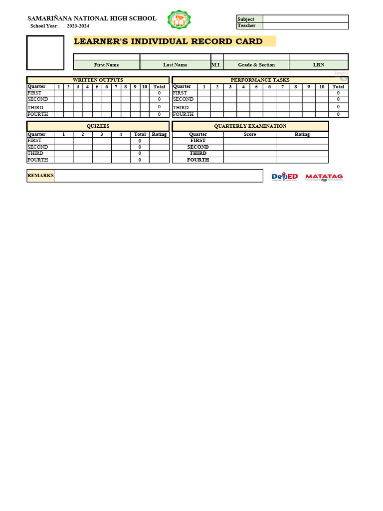 Learner's Individual Record Card (Excel) | PDF