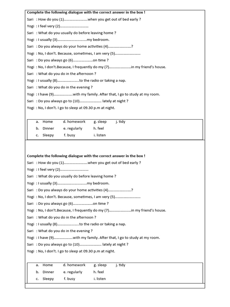 Complete The Following Dialogue With The Correct Answer in The Box | PDF