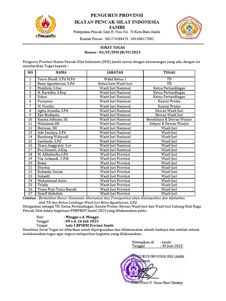 Surat Tugas Wasit Juri Porprov Juli 2023-5 | PDF