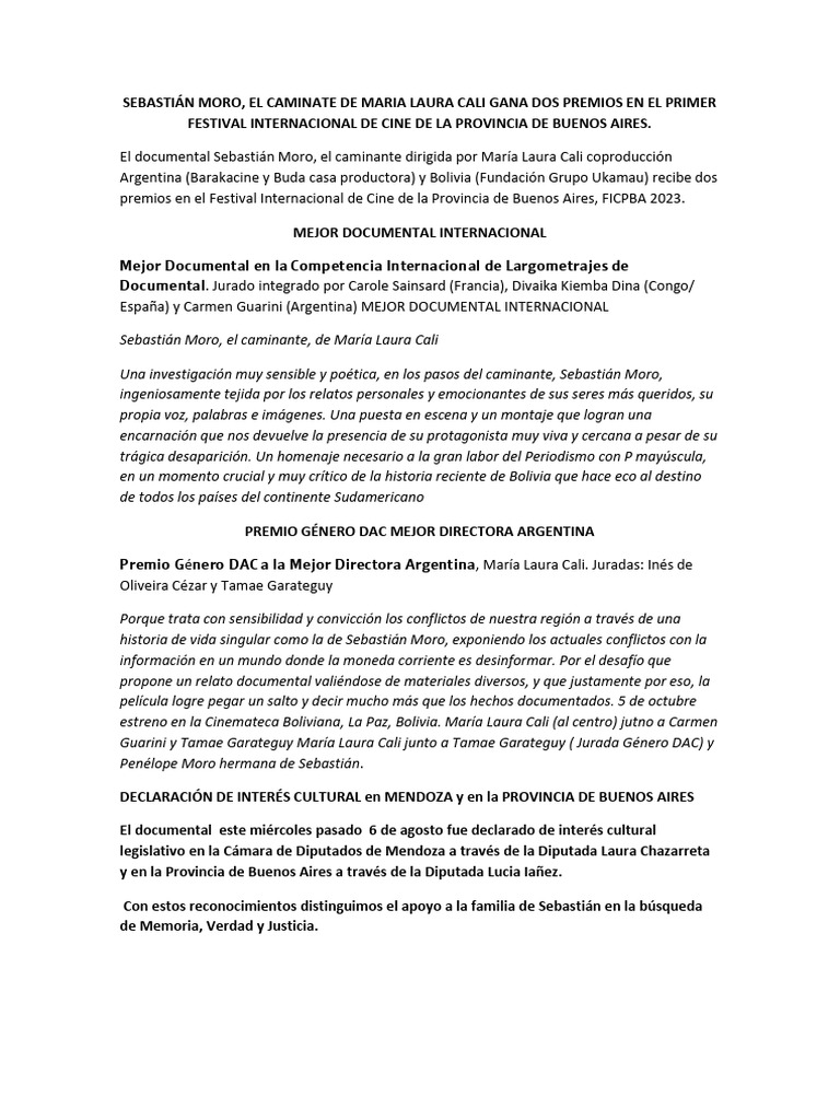 Nota de Prensa 10 - 09 - 2023 - SEBATIAN MORO, EL CAMINANTE PREMIOS ... Nota de Prensa 10 - 09 - 2023 - SEBATIAN MORO, EL CAMINANTE PREMIOS ...