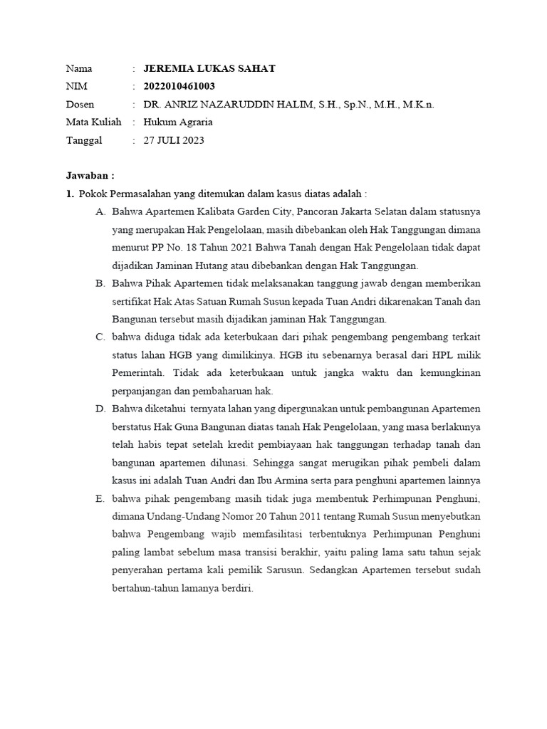 Jeremia Lukas Sahat 2022010461003 Jawaban Uas Hukum Agraria Reguler Z | PDF