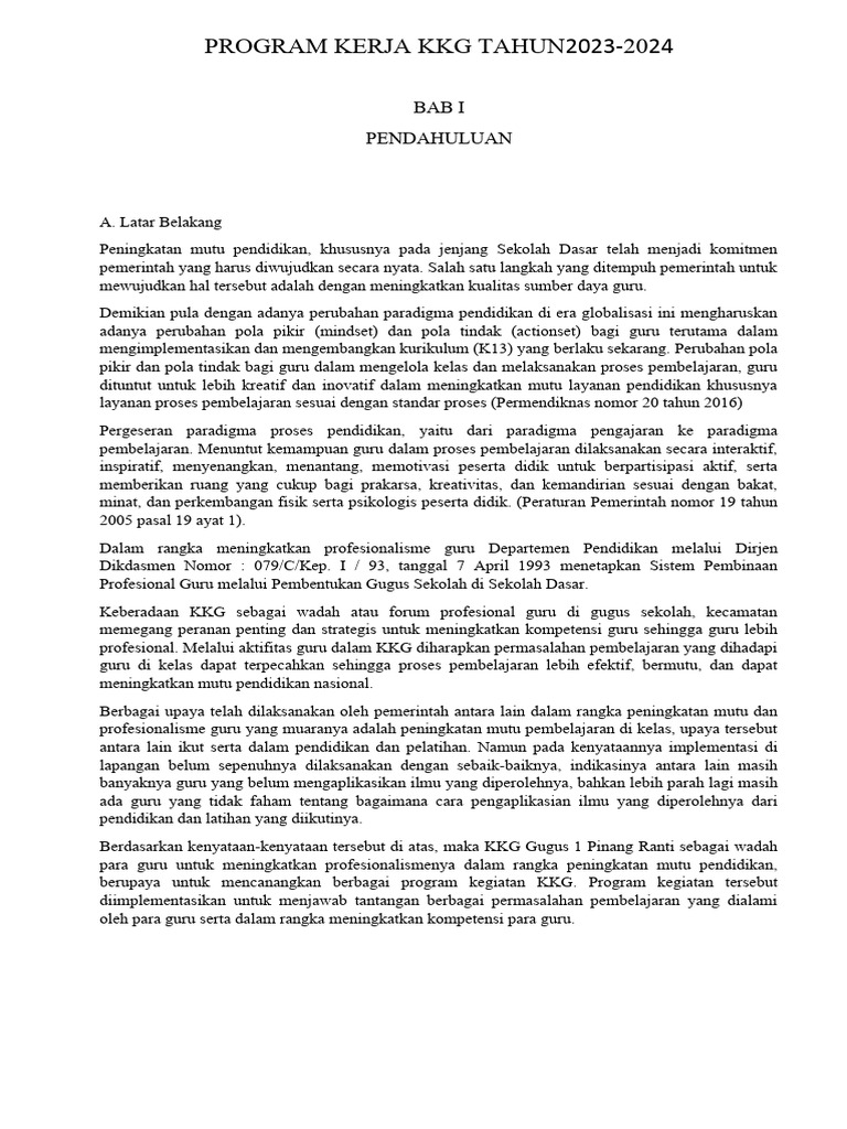 Program Tahunan KKG Kelas 1 Tahun Pelaran 2023-2024 | PDF