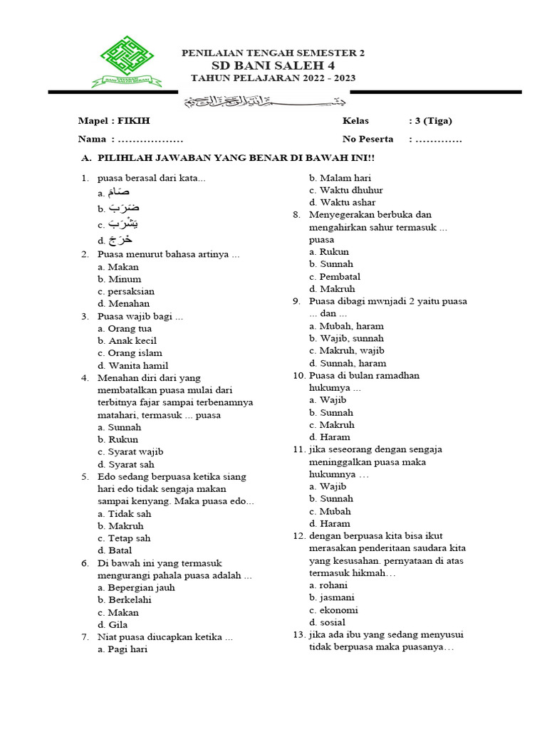 SOAL FIQH KELAS 3 Fix | PDF