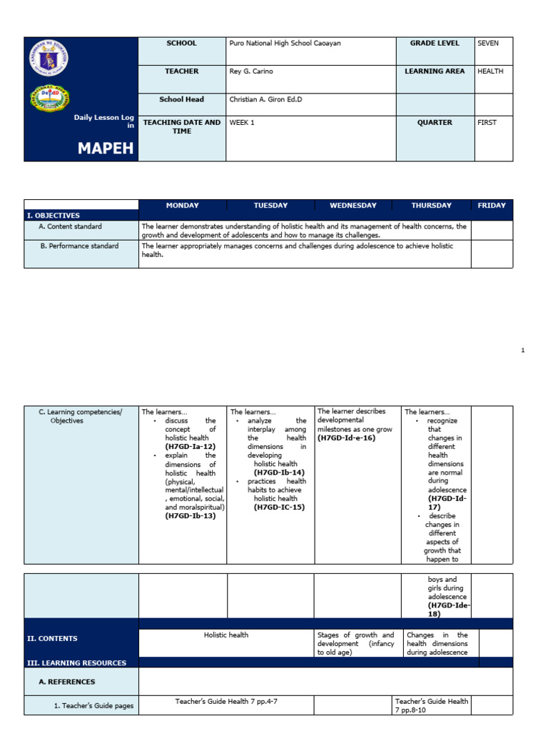 Q1 Grade 7 HEALTH DLL Week 1 | PDF