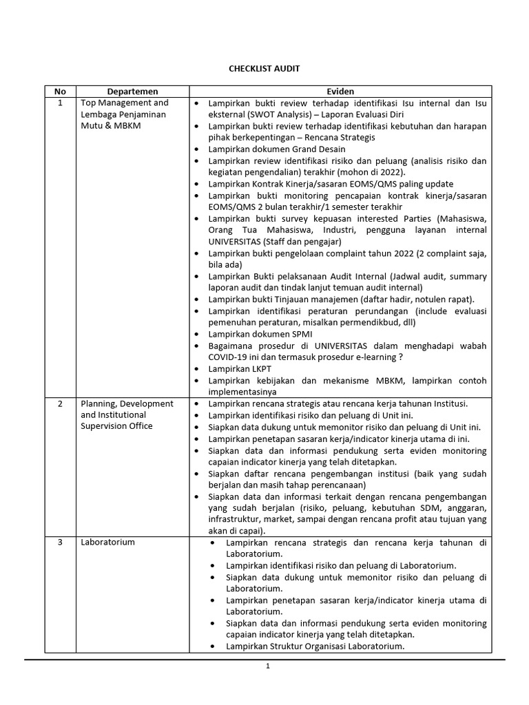 Checklist Audit Internal Universitas | PDF | Komputer