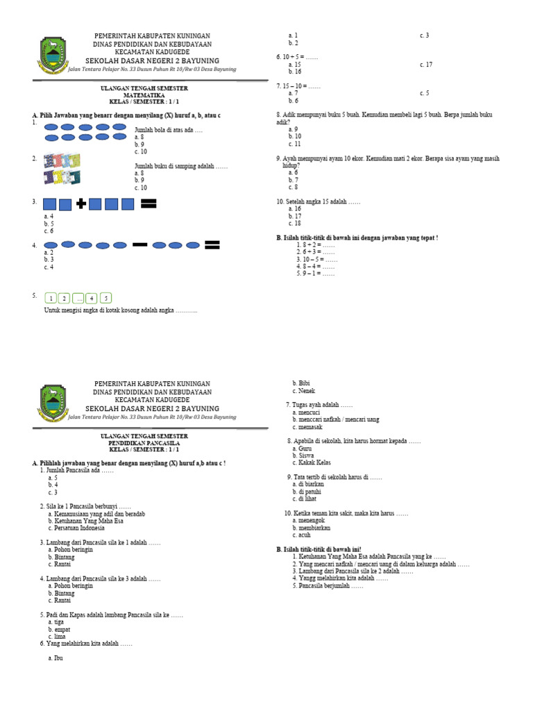 Soal PTS Kelas 1 - Kurmer | PDF