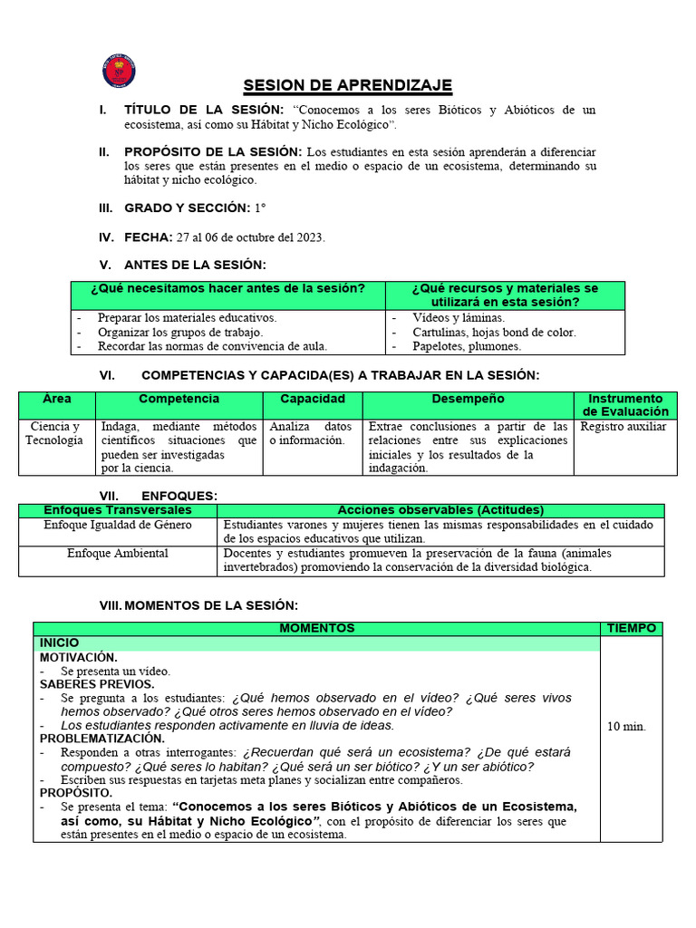 Sesion de Aprendizaje N 02 Ciencia y Tecnologia | PDF | Evaluación | Habitat