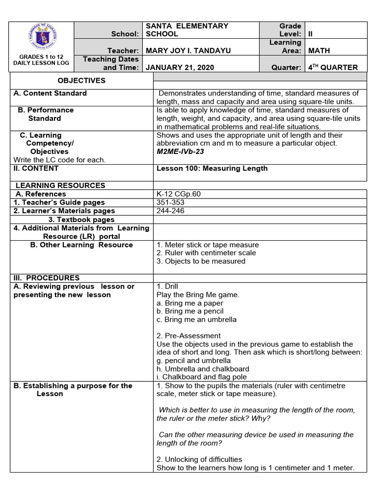 q4 Math 2 Measuring Length DLP | Download Free PDF | Teachers | Learning