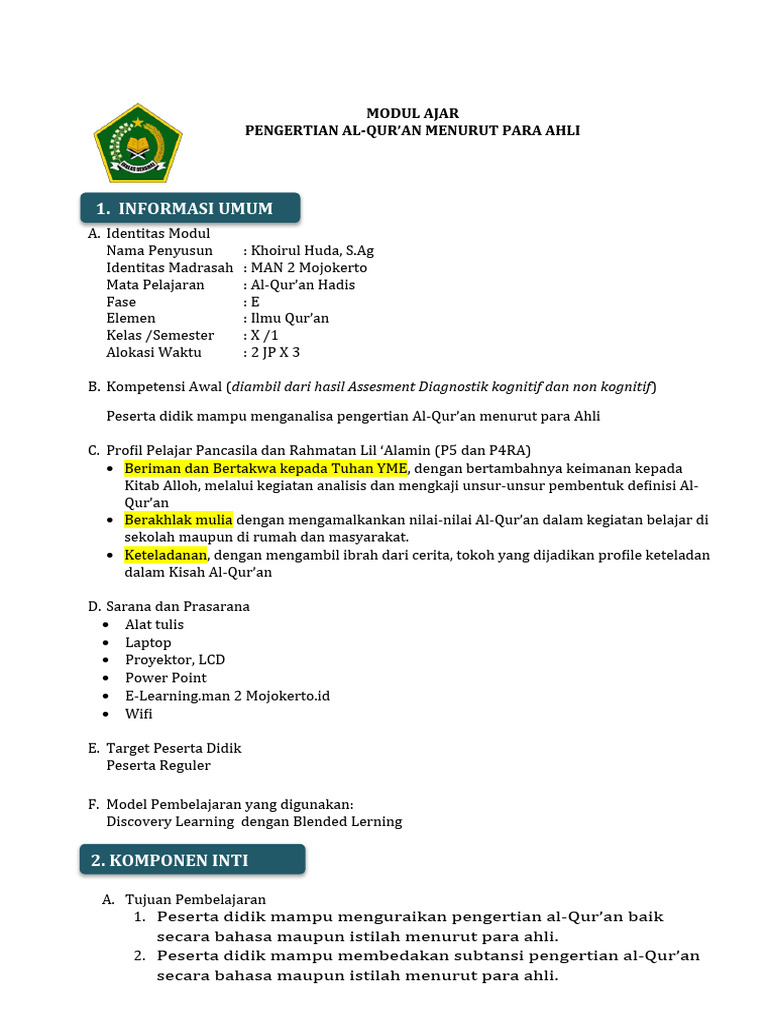 Contoh Modul Ajar QH X DL | PDF