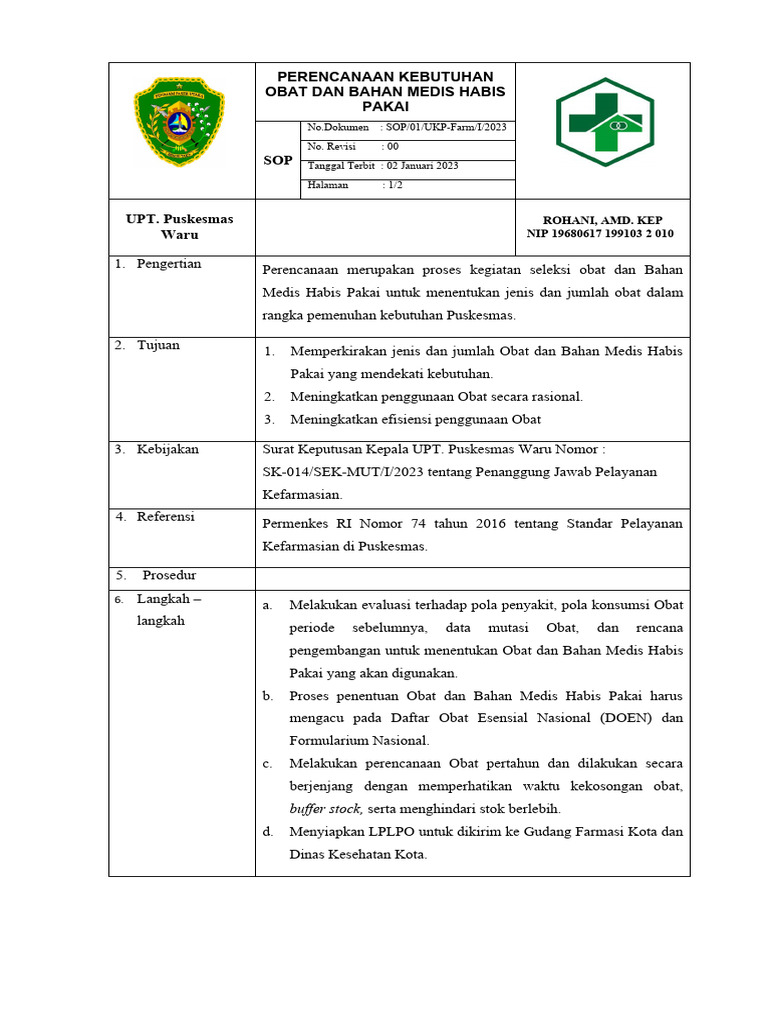 SOP Perencanaan Kebutuhan Obat Dan BHP | PDF