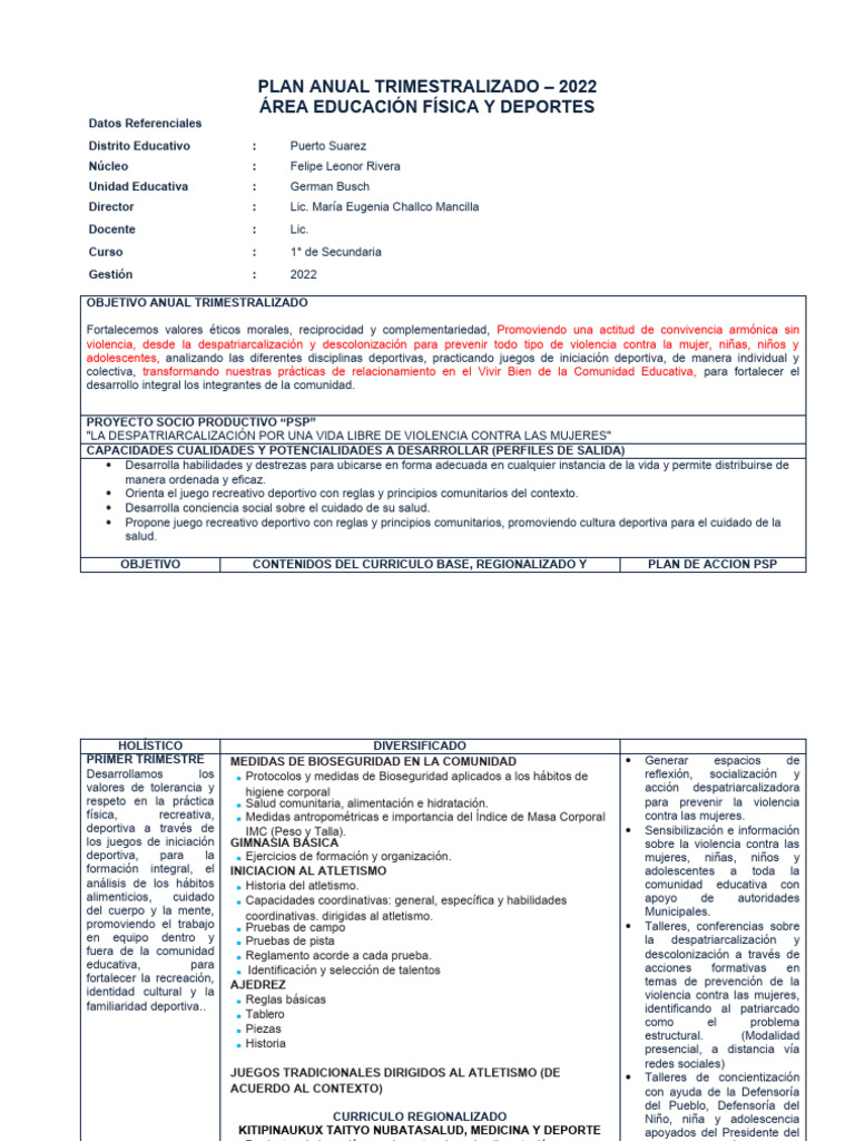 Plan Anual Trimestralizado Del Lic de Educacion Fisica | PDF Plan Anual Trimestralizado Del Lic de Educacion Fisica | PDF