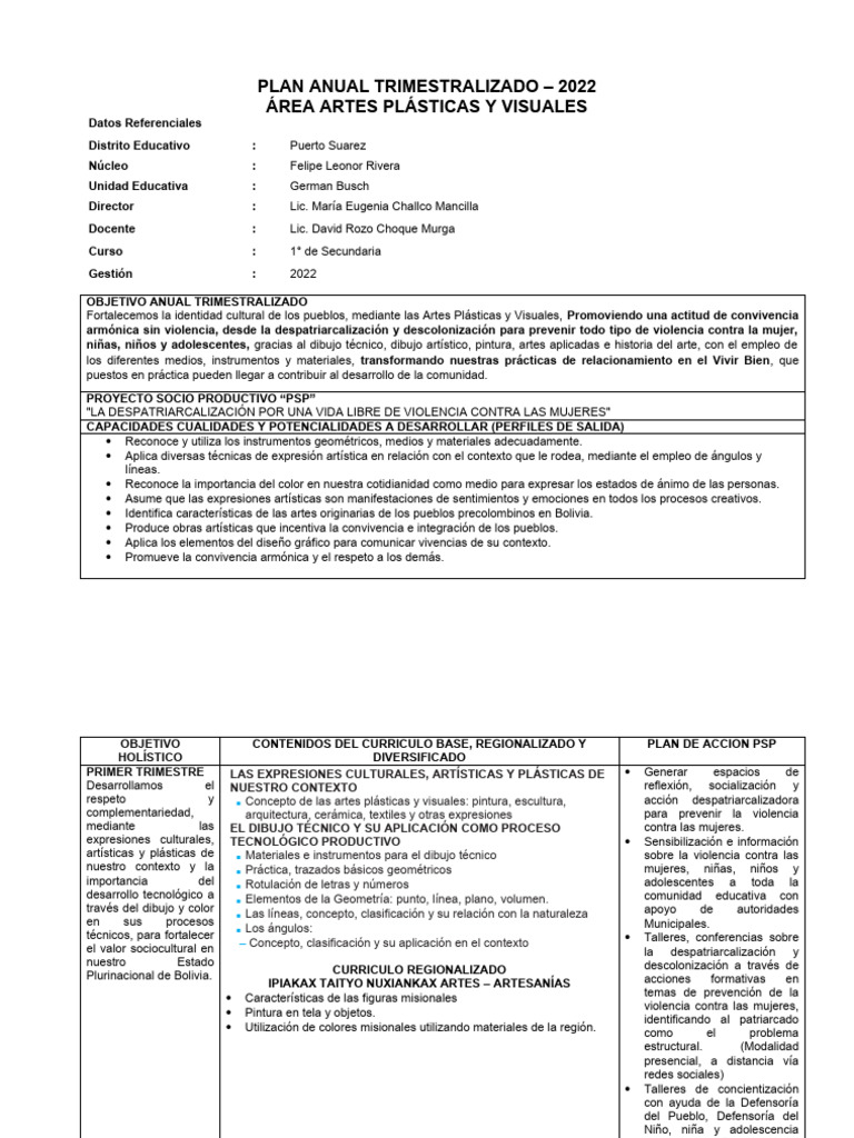 Plan Anual Trimestralizado Del Lic David Choque | PDF Plan Anual Trimestralizado Del Lic David Choque | PDF