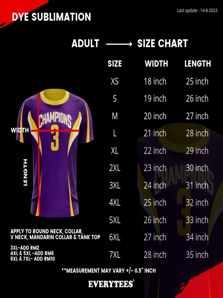 Every - Tee - Dye Sublimation Size-Chart | PDF | Inch | Notation