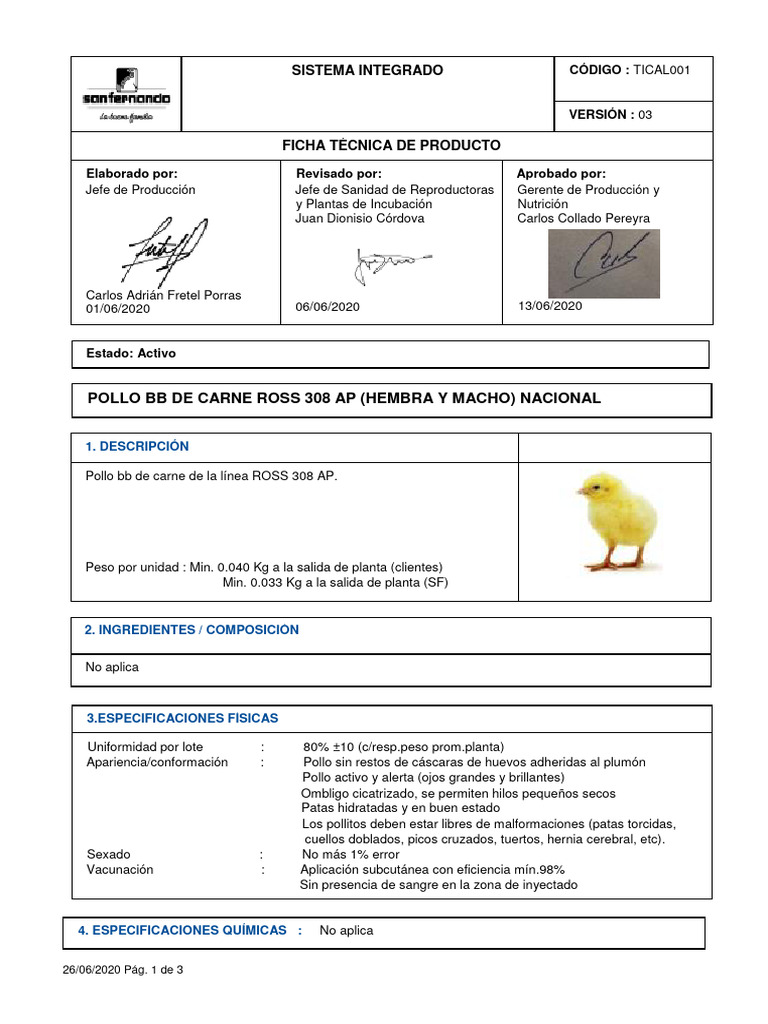 Ficha Tecnica Pollo Bbe Ross | PDF | Pollo | Carne