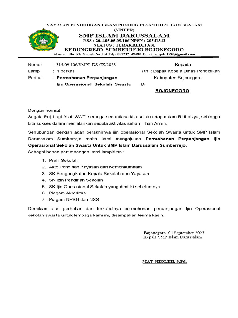Permohonan Perpanjangan Ijin Operasional Sekolah | PDF