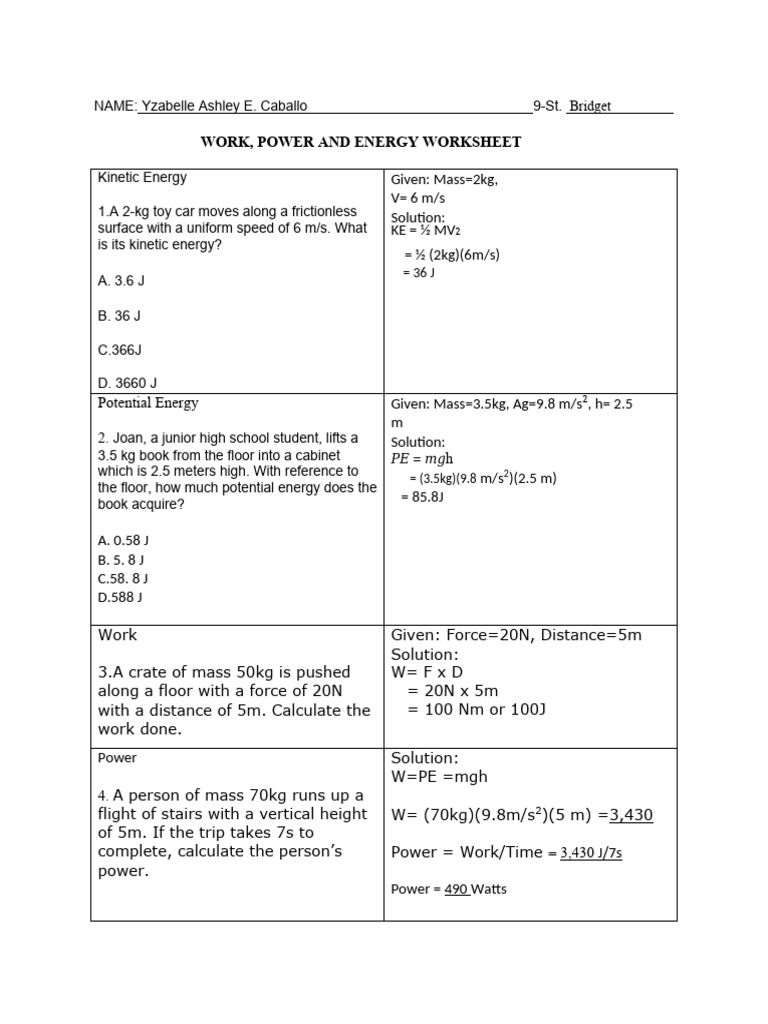 Work Powerand Energy Worksheet | PDF