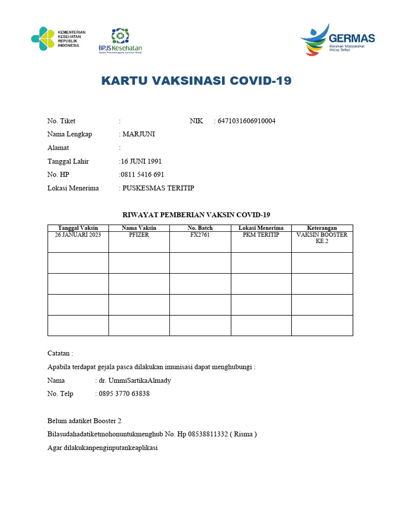 Form Kartu Vaksin | PDF