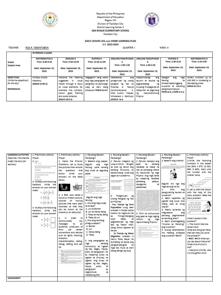 Q1 Week 4 Day 2 (All Subjects) S.Y. 2023-2024 | PDF