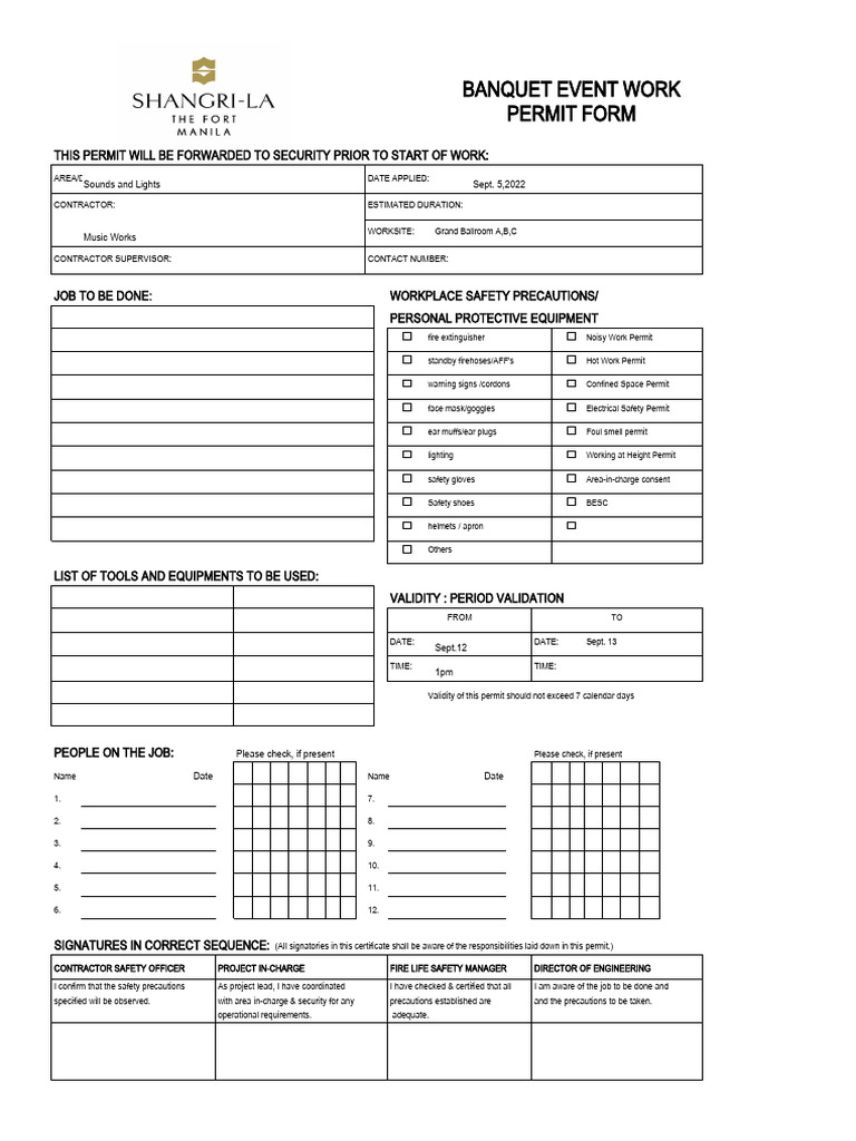 Banquet Work Permit - SLFM 2022 | PDF
