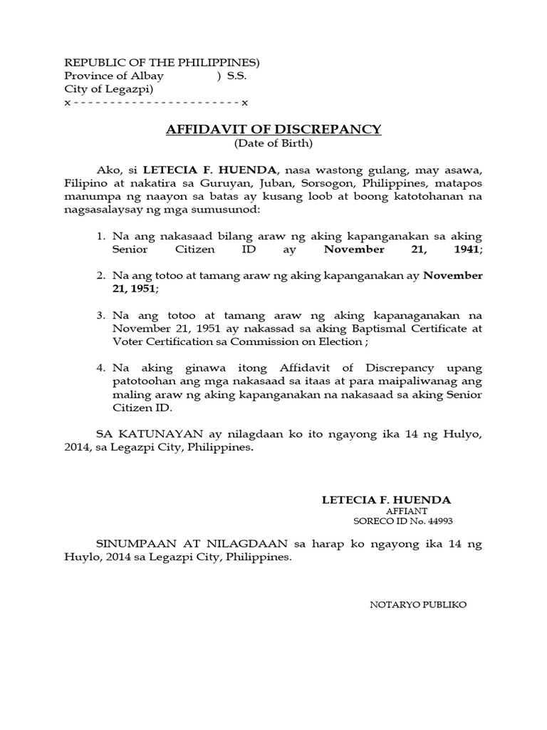 Affidavit of Discrepancy (Date of Birth) - Tagalog | PDF