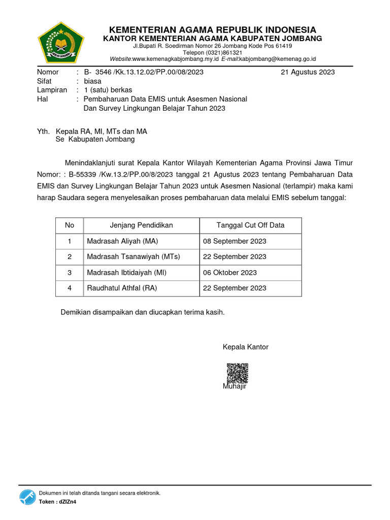 Edaran Cut Off Asesmen Nasional JBG | PDF
