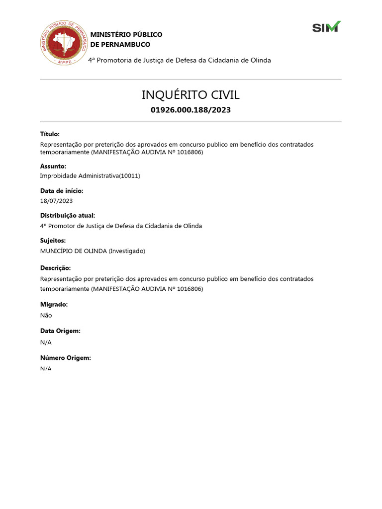 Inquérito Civil: 4 Promotoria de Justiça de Defesa Da Cidadania de ...