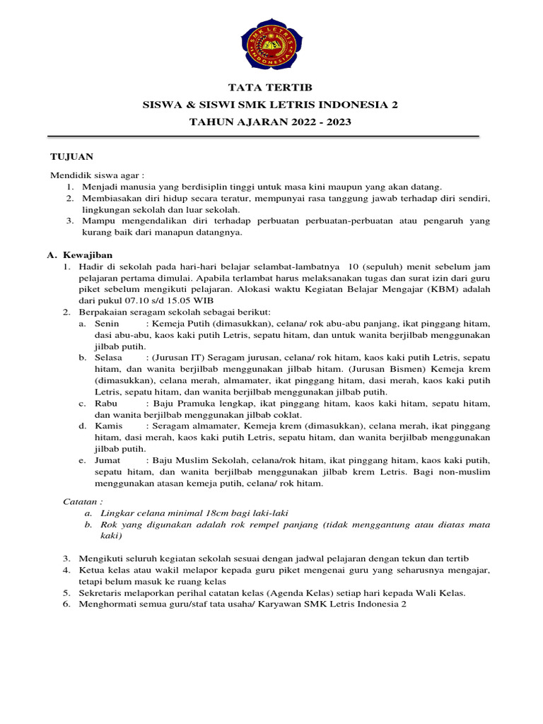 Tata Tertib Siswa SMK Letris Indonesia 2 | PDF