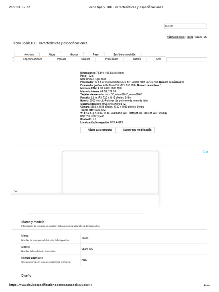 Tecno Spark 10C - Características y Especificaciones | PDF