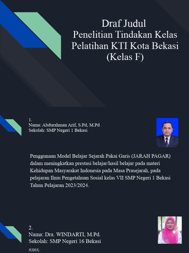 Draf Judul Penelitian Tindakan Kelas Pelatihan KTI Kota Bekasi (Kelas F) | PDF