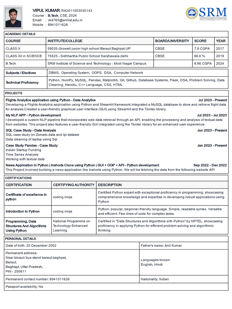 B.Tech CSE Student Profile 2024 | PDF