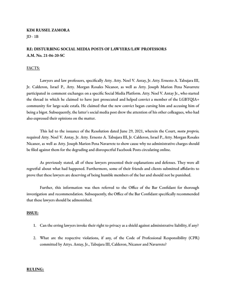 Kim Russel Zamora - Case Digest (Legal Ethics) | PDF