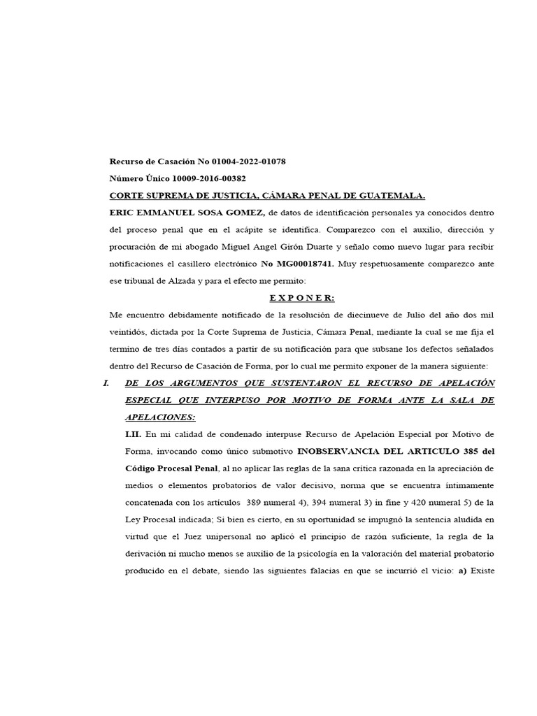 Memorial Subsanando Previo Casacion de Fondo - Caso Eric Emmanuel Sosa ...