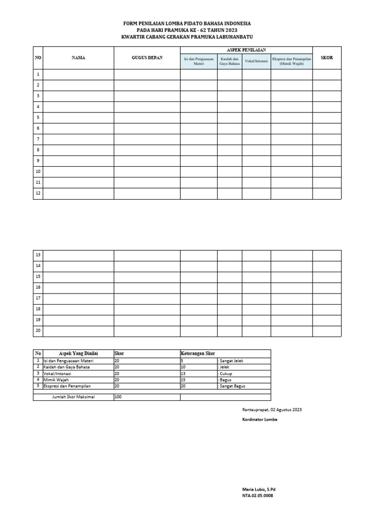 Form Penilaian Lomba Pidato Bahasa Indonesia | PDF Form Penilaian Lomba Pidato Bahasa Indonesia | PDF