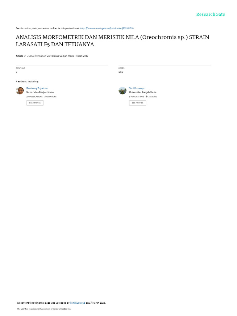Analisis Morfometrik Dan Meristik Nila (Oreochromis SP.) Strain Larasati F5 Dan Tetuanya | PDF