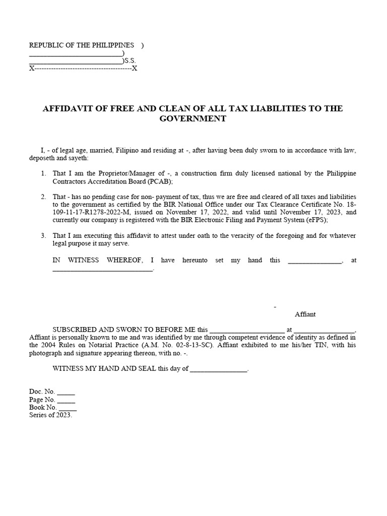 Affidavit of Free and Clean of All Tax Liabilities | PDF