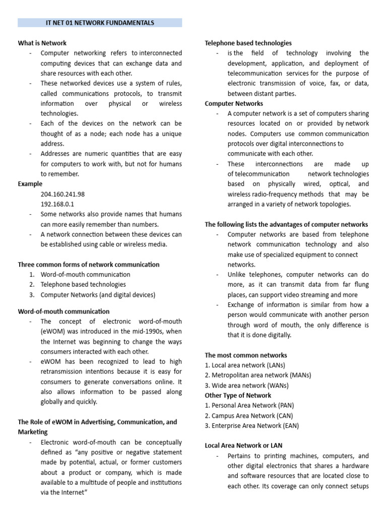 Net 01 Network Fundamentals Reviewer 1 Pdf