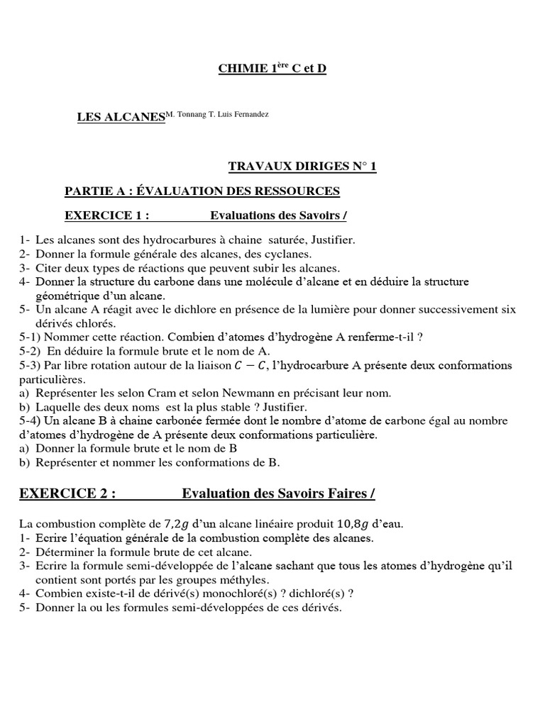 CHIMIE 1ÈRE C ET D - LES ALCANES CAMEROUN | PDF