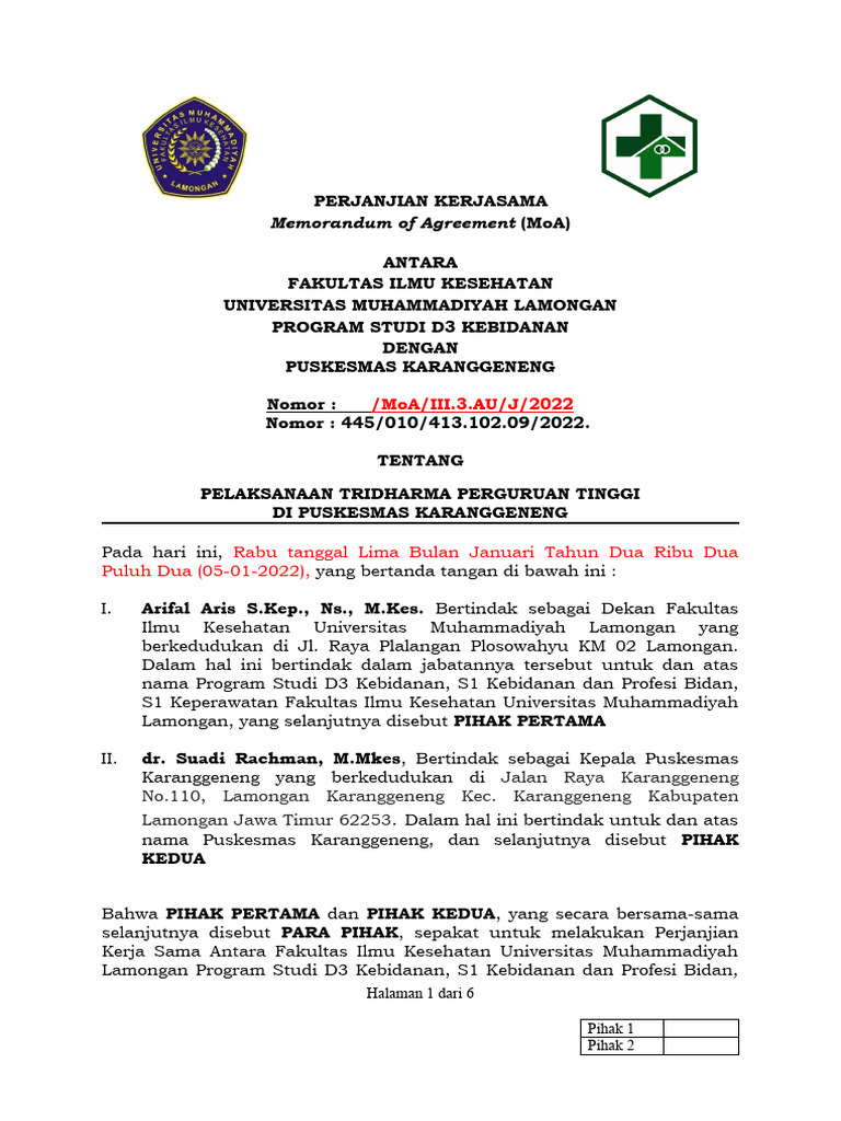 MoA PUSKESMAS Karanggeneng | PDF