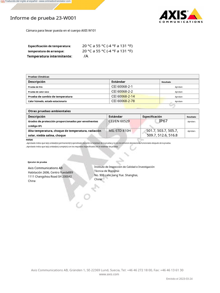 Test Report Axis W101 MIL&IP.en.es | PDF